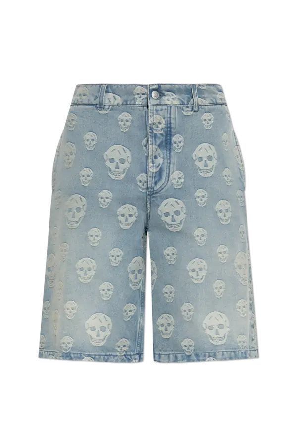 Alexander McQueen Denim Shorts With Monogram - Blue