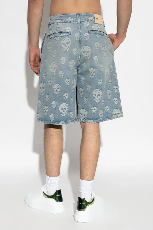 Alexander McQueen Denim Shorts With Monogram - Blue