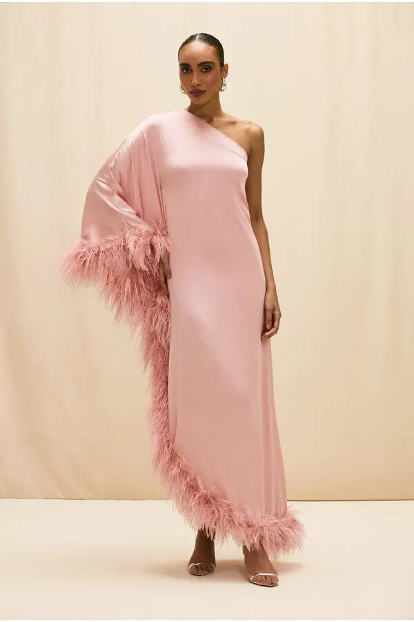 PatBO Satin Isabel Maxi Dress With Feather Trim - Red
