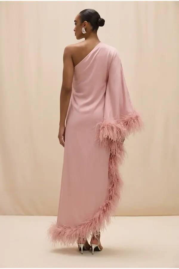 PatBO Satin Isabel Maxi Dress With Feather Trim