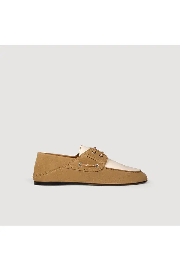 Sandro Leather Boat Shoe-style Loafers With Decorative Laces And Folding Heel - Natural