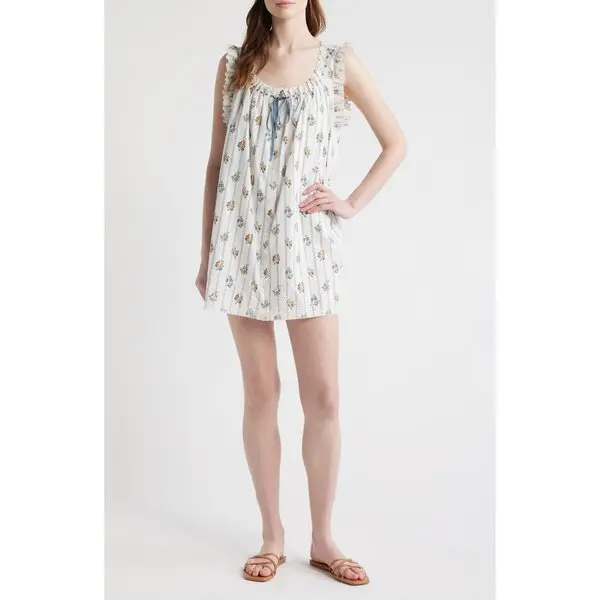 DÔEN Nessie Stripe Floral Print Eyelet Organic Cotton Mini Dress - Fleurs De Bordeaux