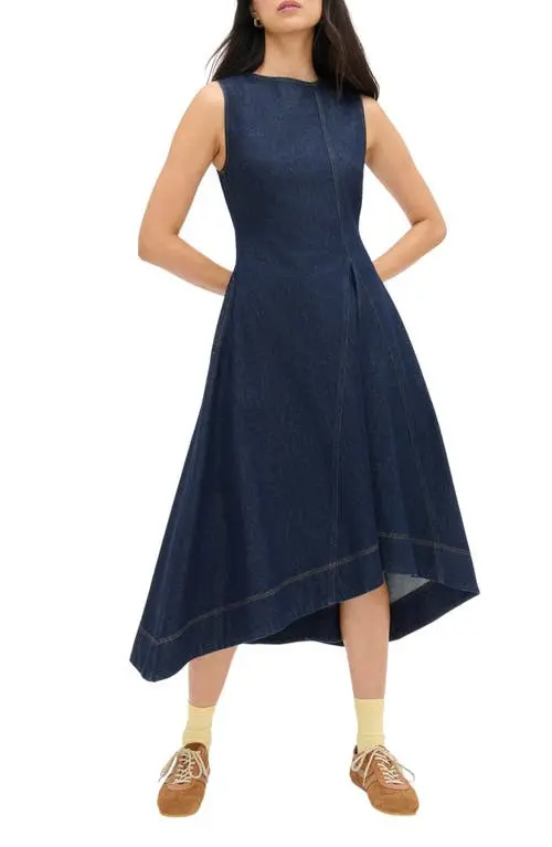 ALIGNE Liberty Asymmetric Sleeveless Stretch Organic Cotton Denim Midi Dress - Indigo