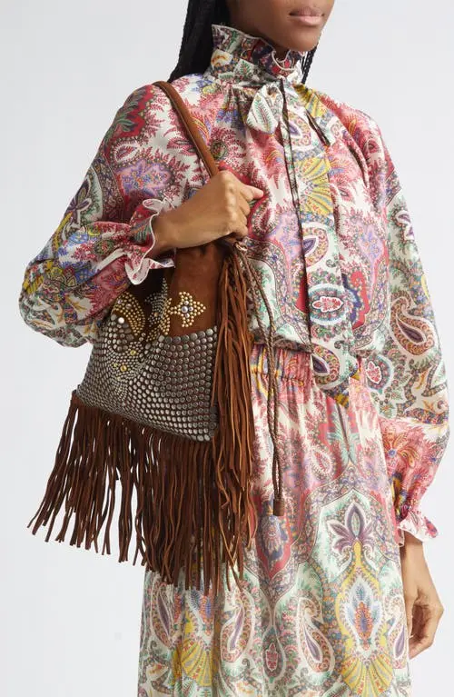 Etro Kalispera Stud & Fringe Suede Shoulder Bag