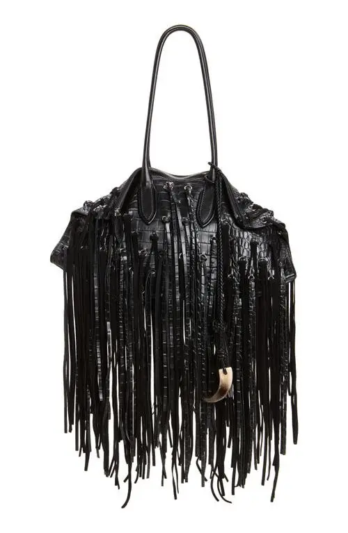 Alexander McQueen Manta Fringe Embellished Croc-embossed Leather Shoulder Bag - Black/silver