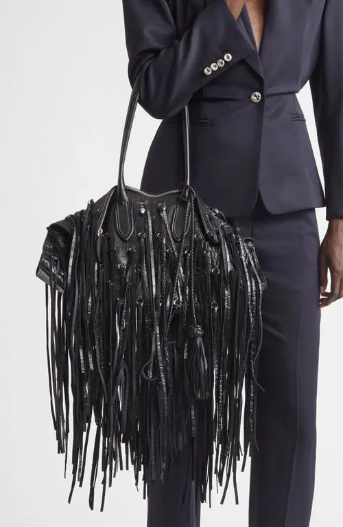 Alexander McQueen Manta Fringe Embellished Croc-embossed Leather Shoulder Bag - Black/silver