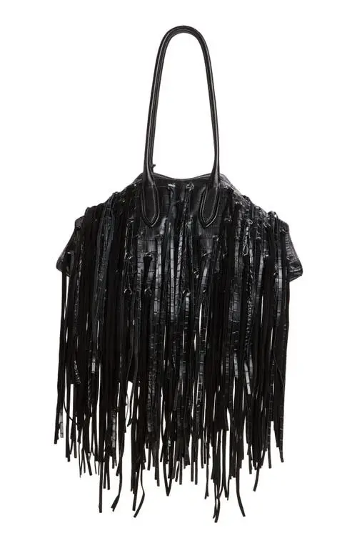 Alexander McQueen Manta Fringe Embellished Croc-embossed Leather Shoulder Bag - Black/silver