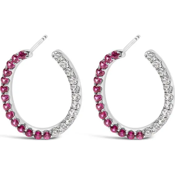 HAUS OF BRILLIANCE Sterling Lab Created Ruby And White Sapphire Hoop Earrings - Silver