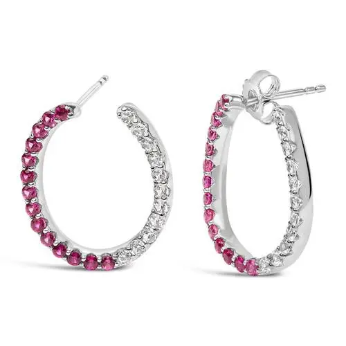 HAUS OF BRILLIANCE Sterling Lab Created Ruby And White Sapphire Hoop Earrings