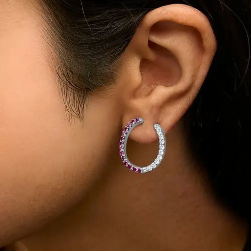 HAUS OF BRILLIANCE Sterling Lab Created Ruby And White Sapphire Hoop Earrings