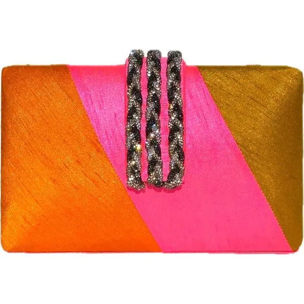 SIMITRI Diagonal Color Block Braided Fringe Clutch - Papaya Pop