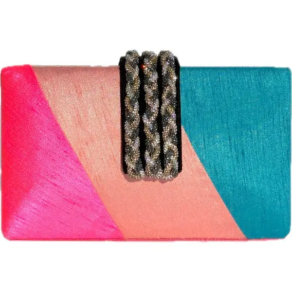 SIMITRI Diagonal Color Block Braided Fringe Clutch - Sorbet