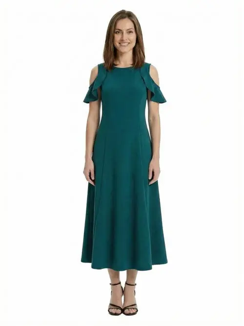 24SEVEN COMFORT APPAREL Elevate Petite Ruffle Sleeve Cold Shoulder A-line Soft Flare Maxi Dress - Hunter