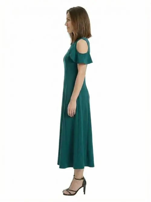 24SEVEN COMFORT APPAREL Petite Ruffle Sleeve Cold Shoulder A-line Maxi Dress - Hunter