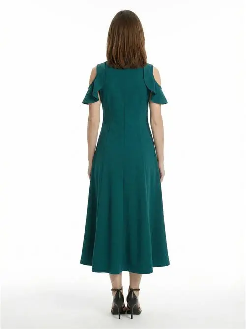 24SEVEN COMFORT APPAREL Petite Ruffle Sleeve Cold Shoulder A-line Maxi Dress - Hunter
