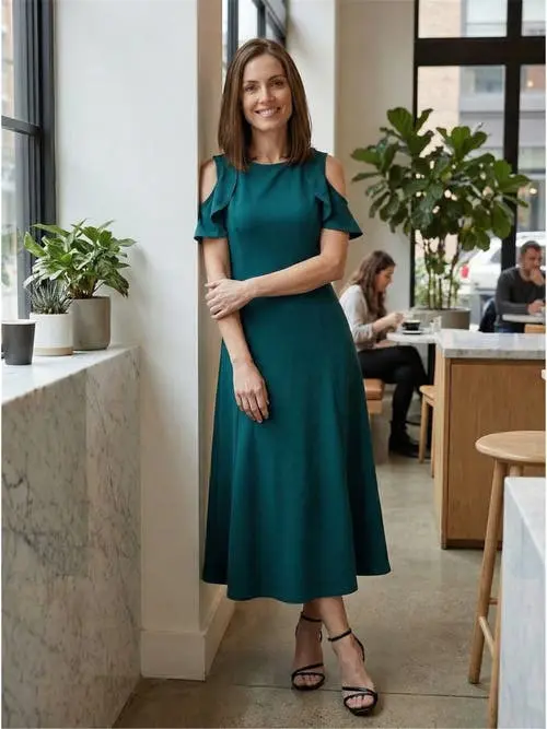 24SEVEN COMFORT APPAREL Petite Ruffle Sleeve Cold Shoulder A-line Maxi Dress - Hunter