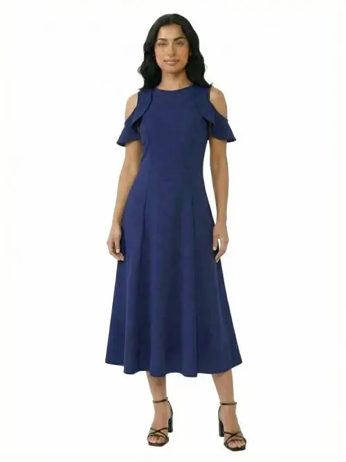 24SEVEN COMFORT APPAREL Elevate Petite Ruffle Sleeve Cold Shoulder A-line Soft Flare Maxi Dress - Navy