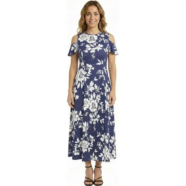 24SEVEN COMFORT APPAREL Essential Petite Floral Ruffle Sleeve Cold Shoulder A-line Maxi Dress - Navy Multi