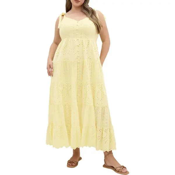 City Chic Allegra Eyelet Lace Midi Sundress - Lemon Drop