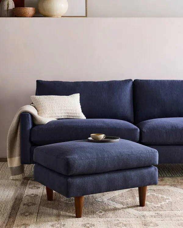 Quince Atlas Midcentury Ottoman In Performance Chenille Linen Blend - Ink