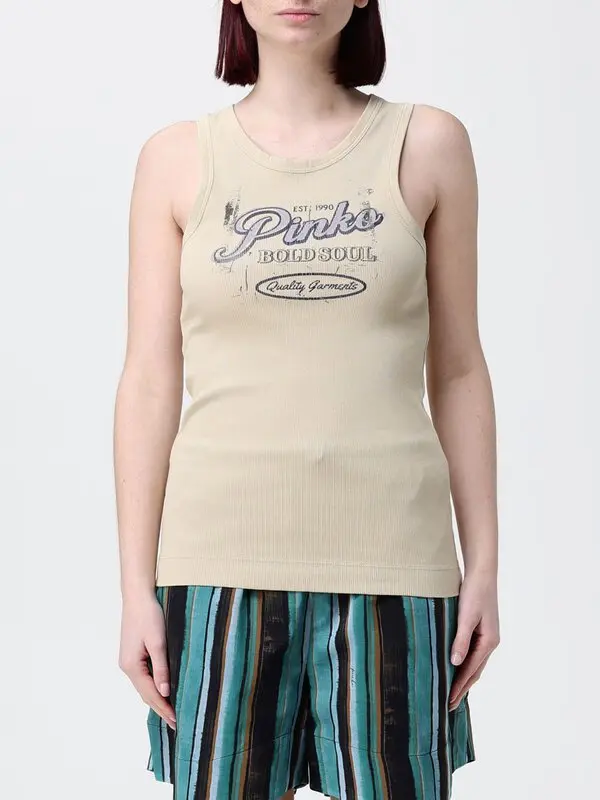 Pinko Ribbed Tank Top With Graphic Print - Brown