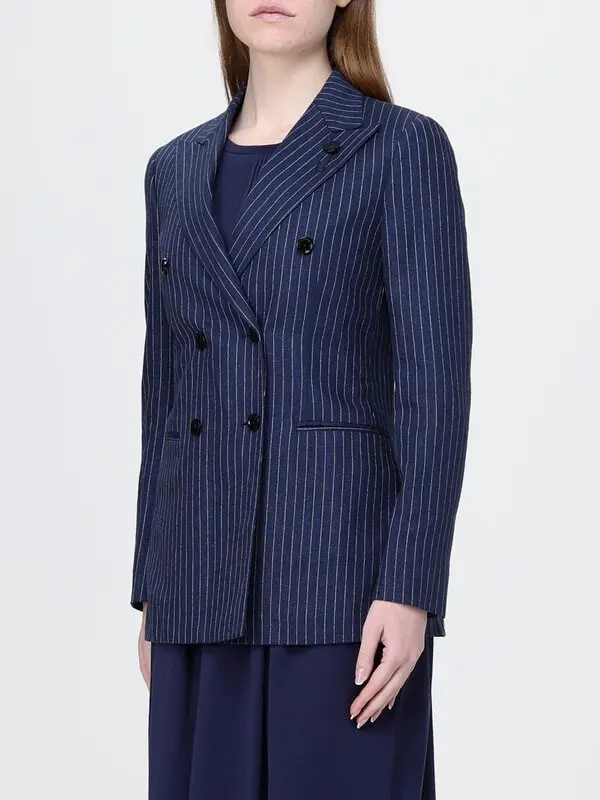 LARDINI Pinstriped Linen Blend Double Breasted Blazer - Nude