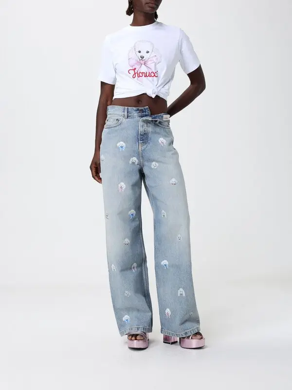 Fiorucci Printed Denim Wide Leg Jeans - Gnawed Blue