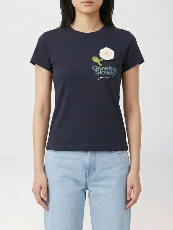 GANNI Cotton T-shirt With Crocheted Flower Appliqu - Charcoal