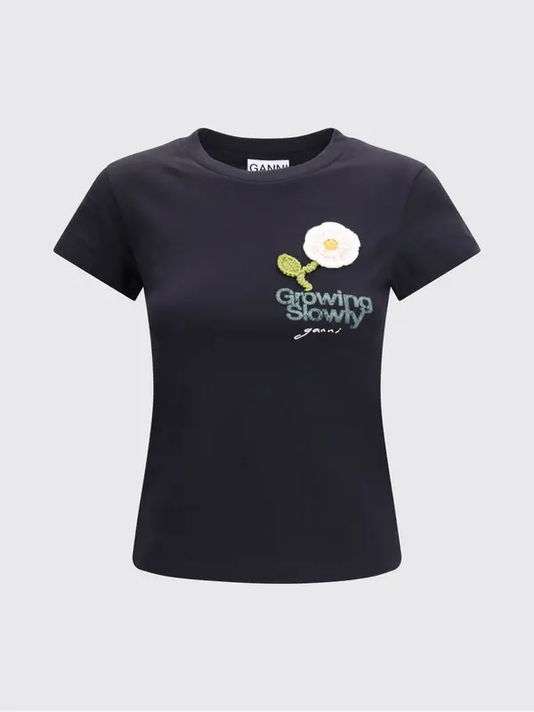 GANNI Cotton T-shirt With Crocheted Flower Appliqu