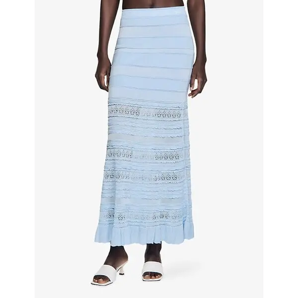 Sandro High-rise Pointelle Knitted Maxi Skirt - Sky Blue