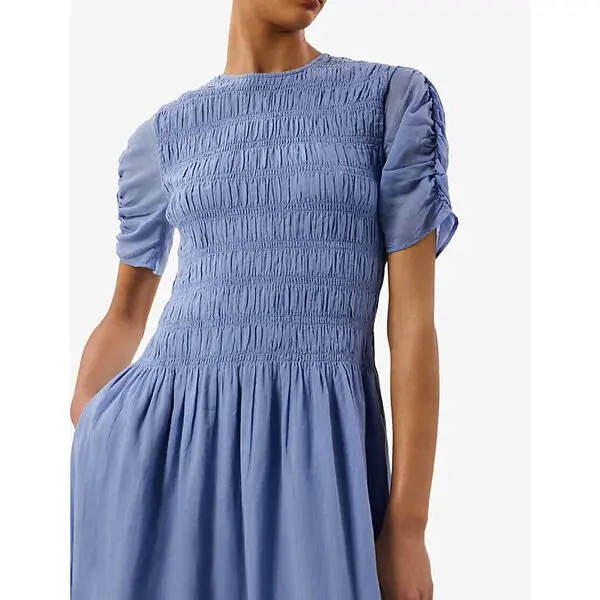 Whistles Avery Ruched-sleeve Cotton Midi Dress