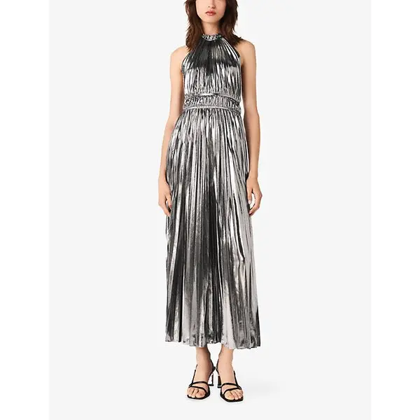 Maje Pleated Halter-neck Woven Maxi Dress