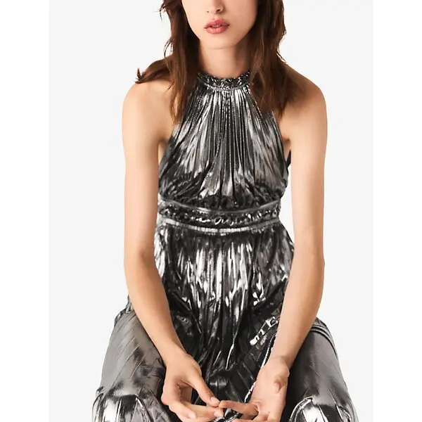 Maje Pleated Halter-neck Woven Maxi Dress