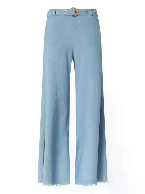 Pinko Belted Linen Blend Trousers With Fringed Hem
