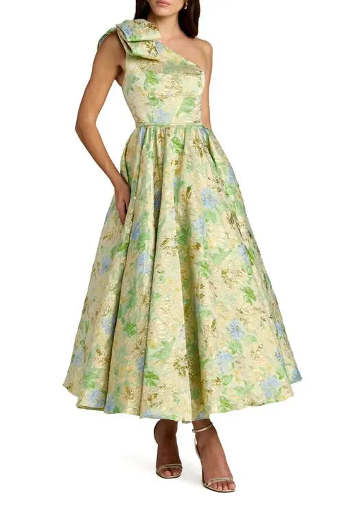 Mac Duggal Floral Brocade One-shoulder Midi Dress With Bow - Green Multi