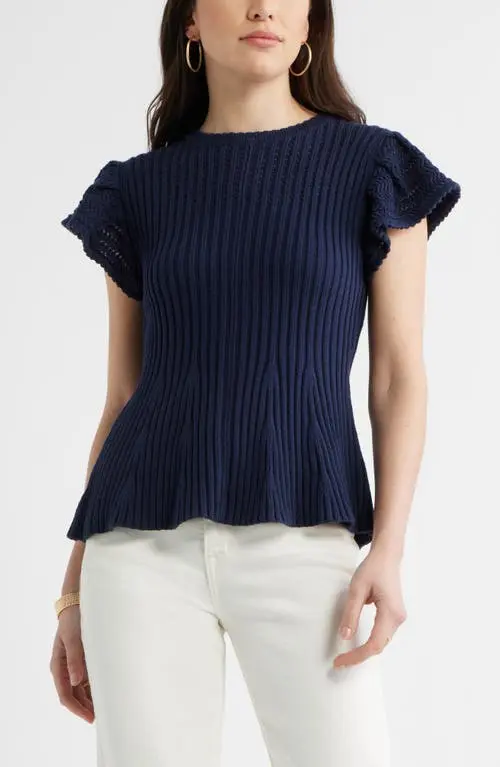 Caslon Flutter Sleeve Pima Cotton Sweater - Navy Still