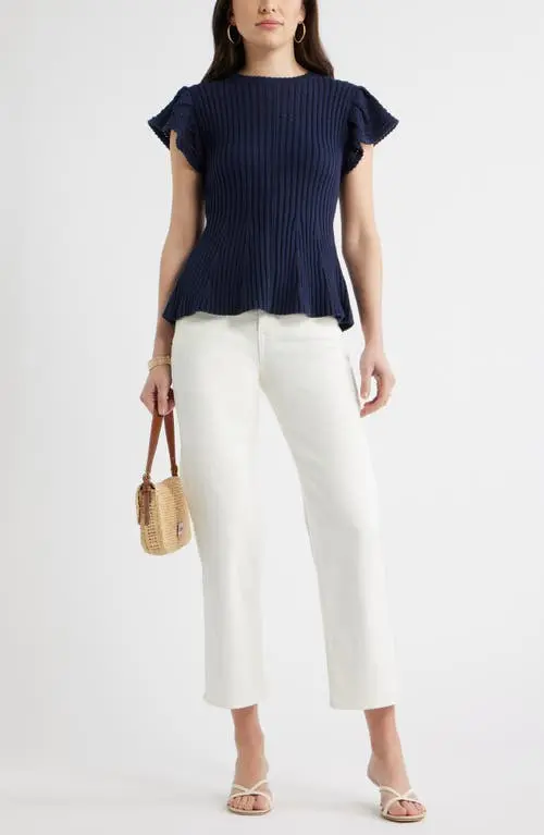 Caslon Flutter Sleeve Pima Cotton Sweater - Navy Still