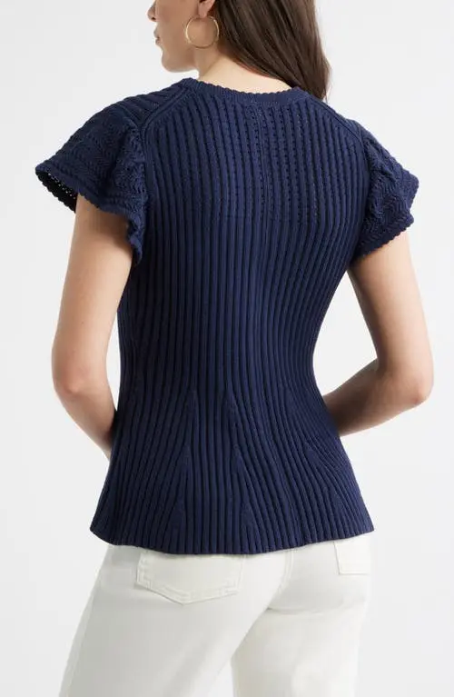 Caslon Flutter Sleeve Pima Cotton Sweater - Navy Still