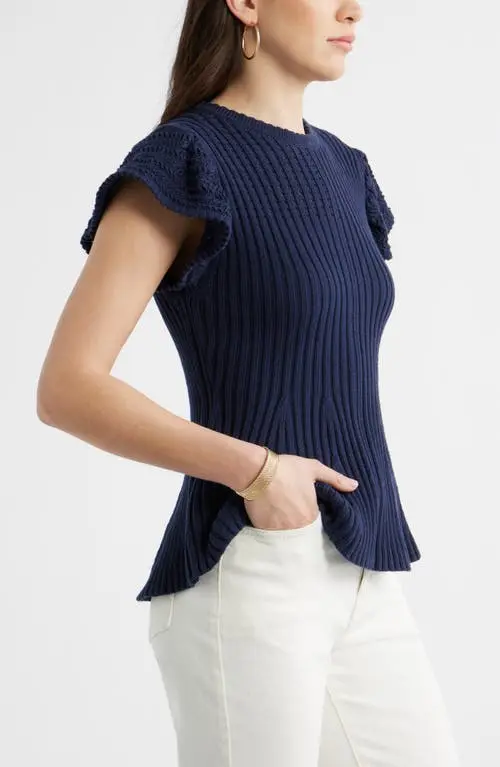 Caslon Flutter Sleeve Pima Cotton Sweater - Navy Still