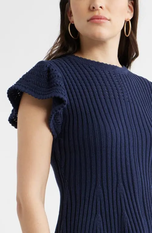 Caslon Flutter Sleeve Pima Cotton Sweater - Navy Still