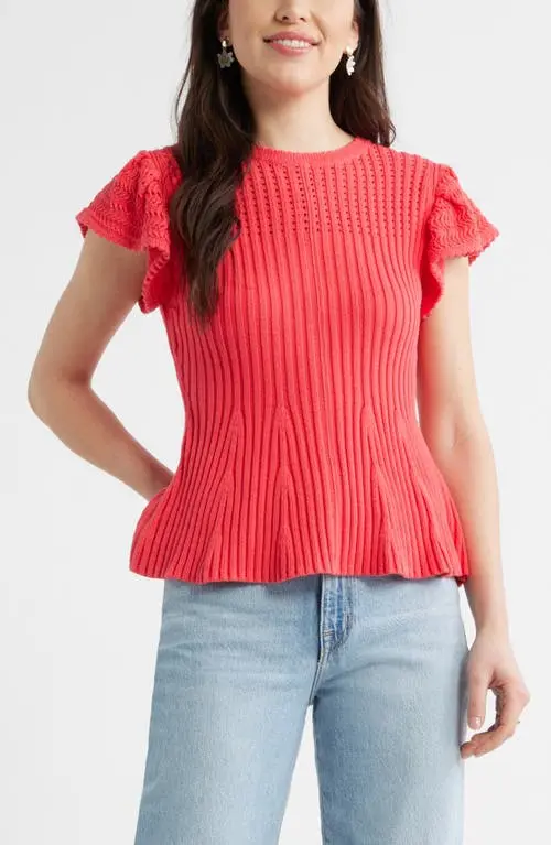 Caslon Flutter Sleeve Pima Cotton Sweater - Red Geranium
