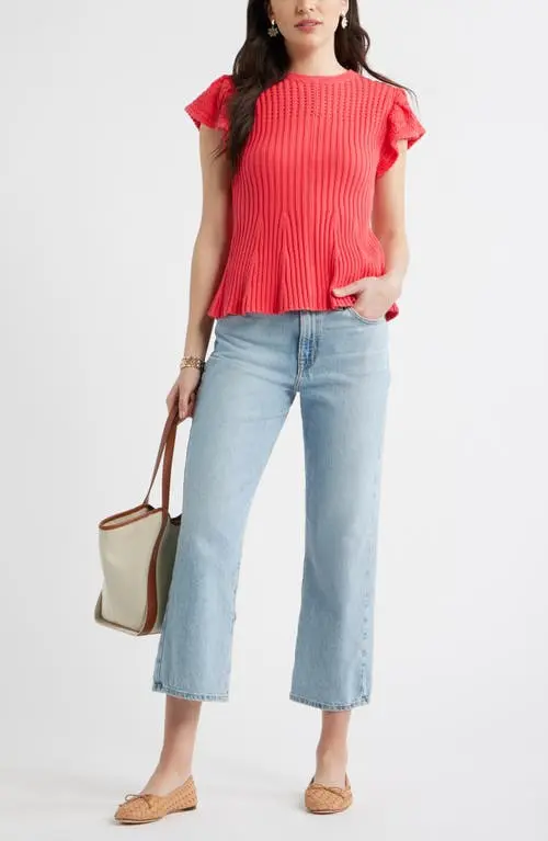 Caslon Flutter Sleeve Pima Cotton Sweater - Red Geranium