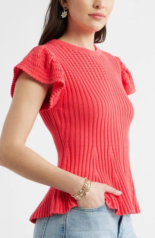 Caslon Flutter Sleeve Pima Cotton Sweater - Red Geranium