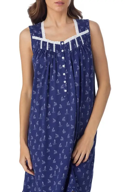 Eileen West Sleeveless Cotton Jersey Nightgown - Navy
