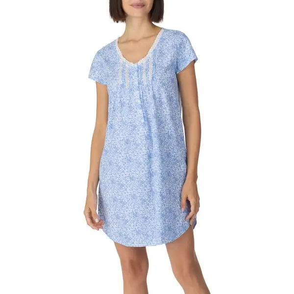 Eileen West Cotton Jersey Short Nightgown - Blue Print