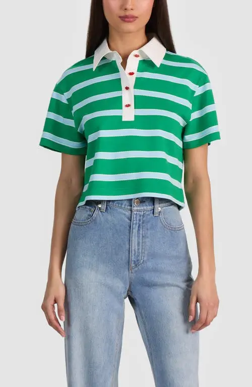 Alice + Olivia Lyle Short Sleeve Rugby Stripe Polo - Green Apple/cloud Sky