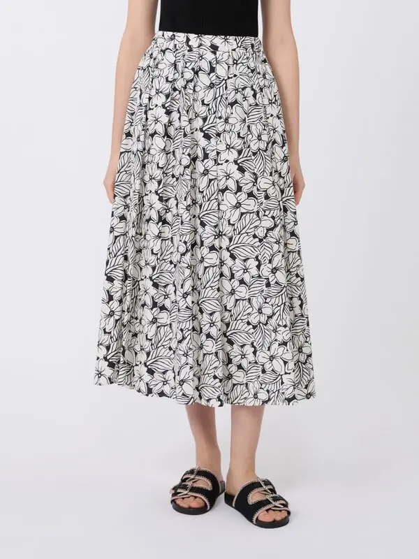 Max Mara Printed Poplin Pleated Long Skirt