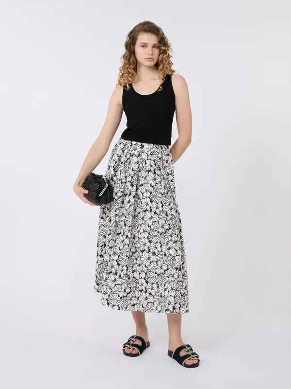 Max Mara Printed Poplin Pleated Long Skirt