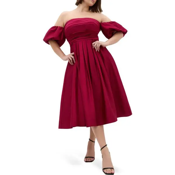 City Chic Rosalee Off-the-shoulder Midi Dress - Raspberry