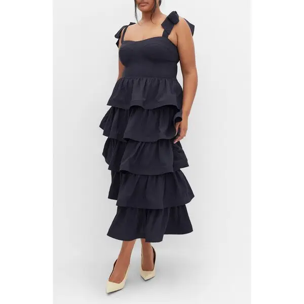 City Chic Elina Tie Strap Tiered Midi Dress - Navy